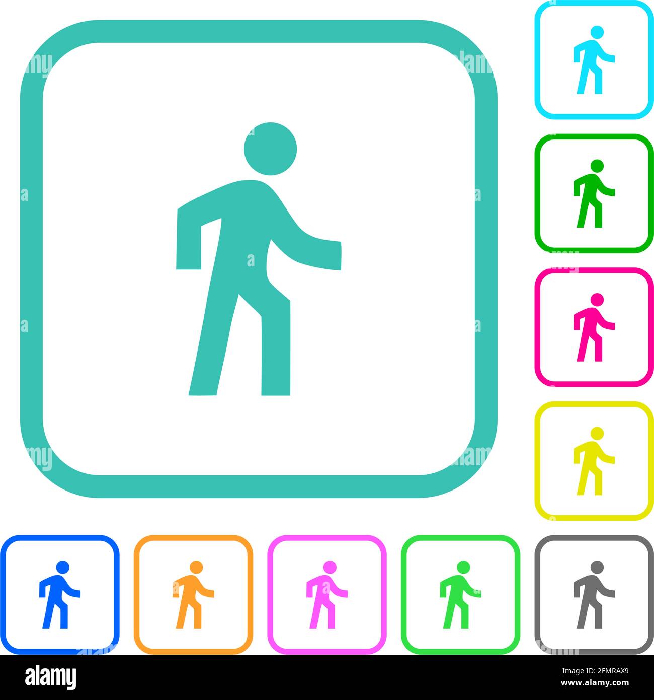 Man walking right vivid colored flat icons in curved borders on white ...