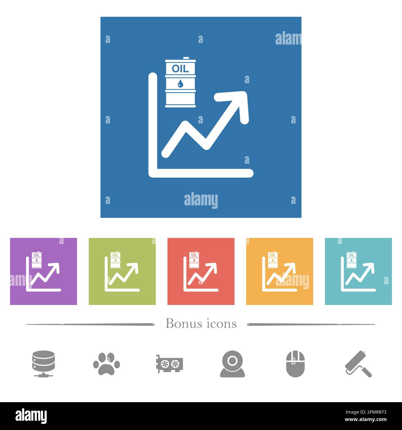 Oil trade graph flat white icons in square backgrounds. 6 bonus icons ...