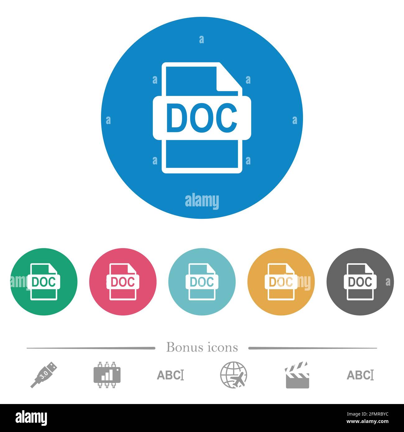 DOC file format flat white icons on round color backgrounds. 6 bonus ...