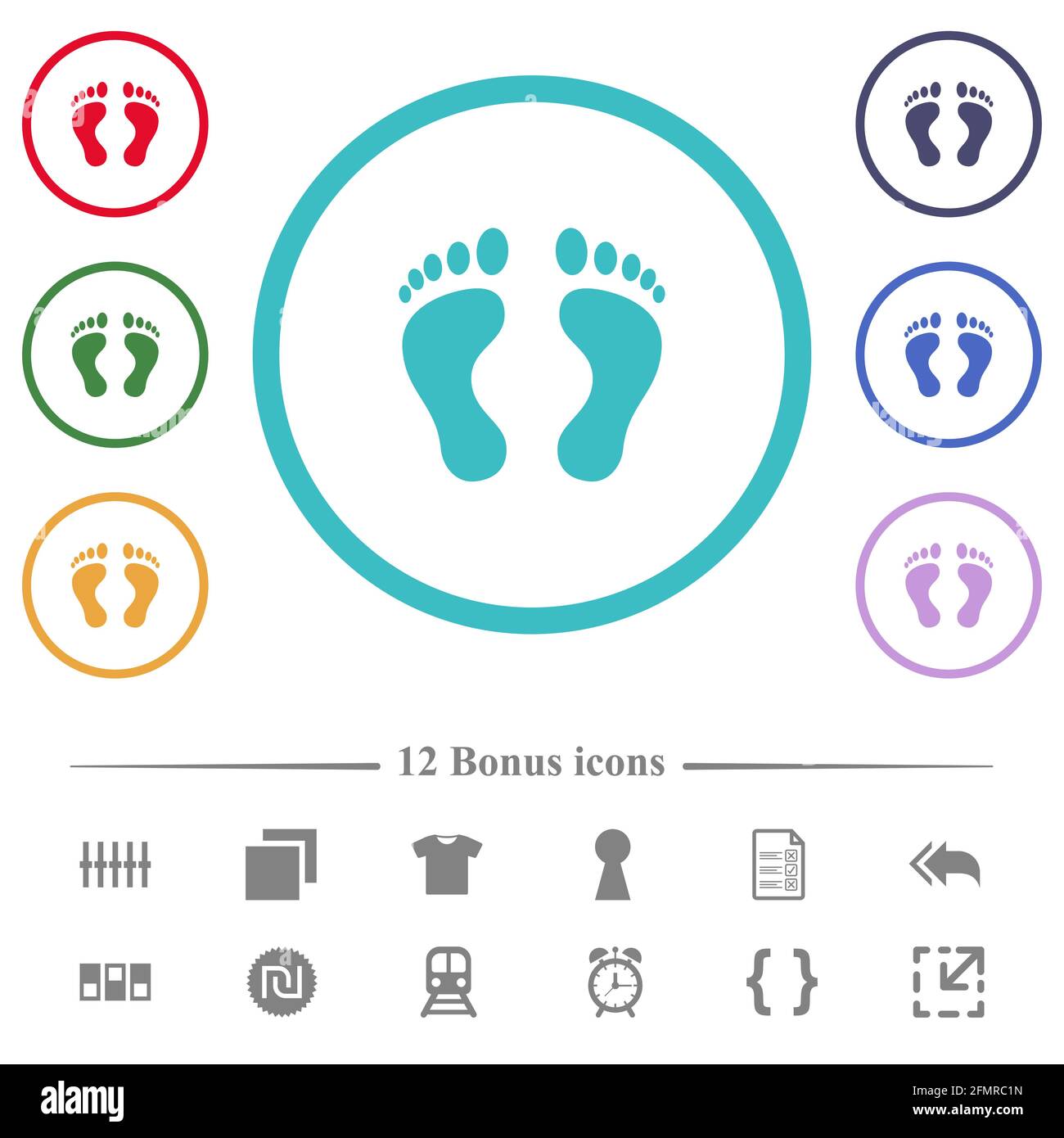 Human Footprints flat color icons in circle shape outlines. 12 bonus ...