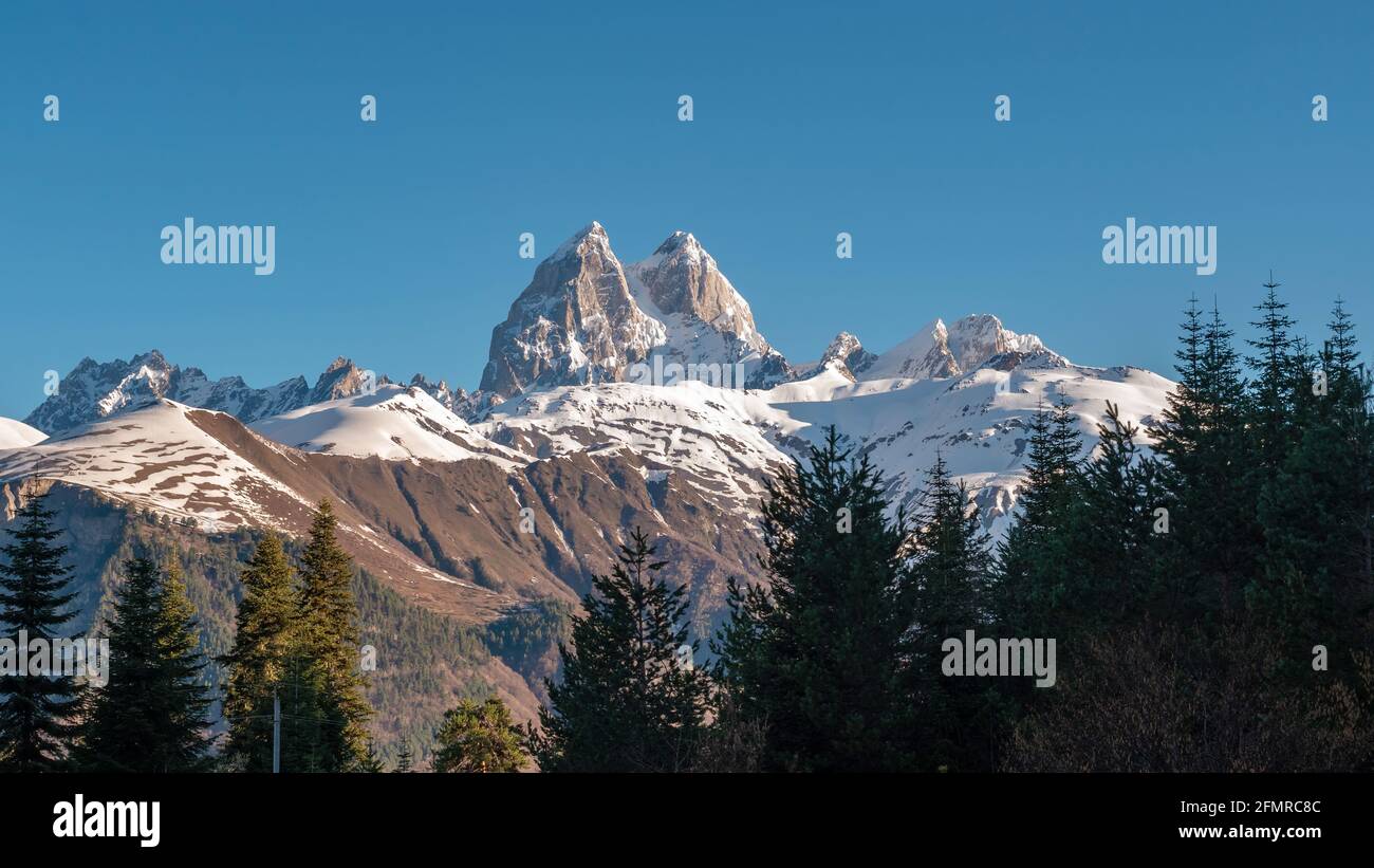 View of Mount Ushba. Ushba is one of the most notable peaks of the ...