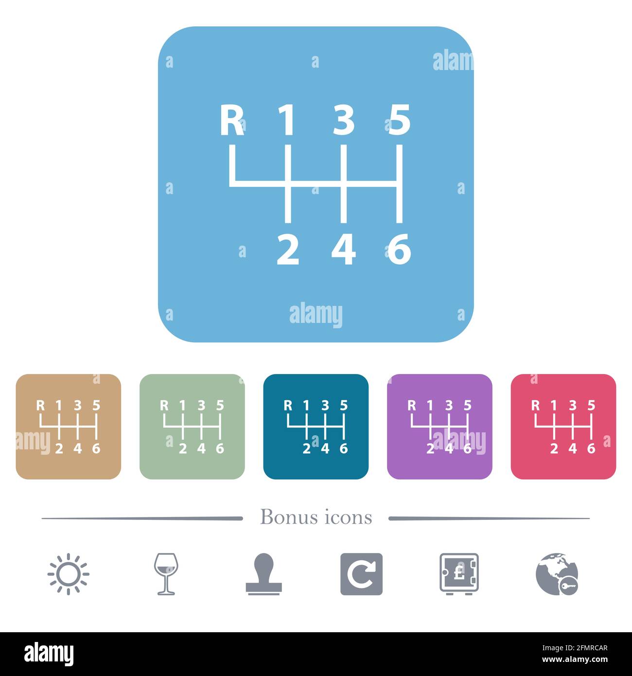 Six speed manual gear shift white flat icons on color rounded square ...