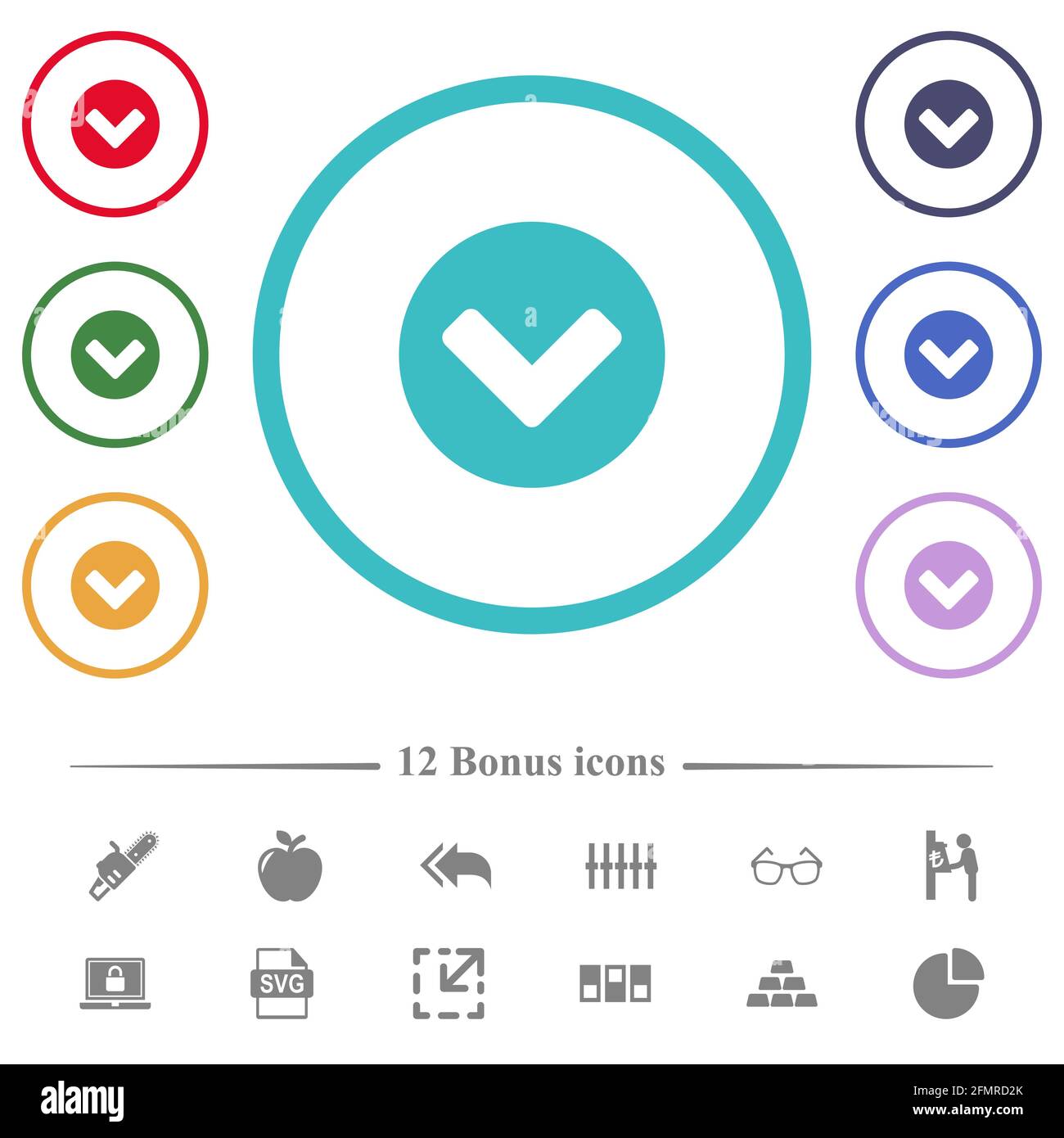 Chevron down flat color icons in circle shape outlines. 12 bonus icons ...