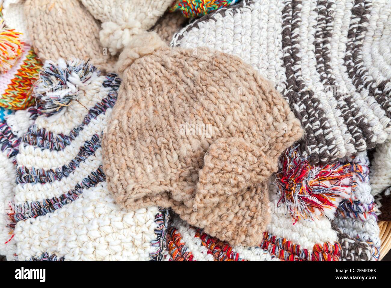 Traditional woolen hats of Madeira islands, Portugal. Close up photo ...