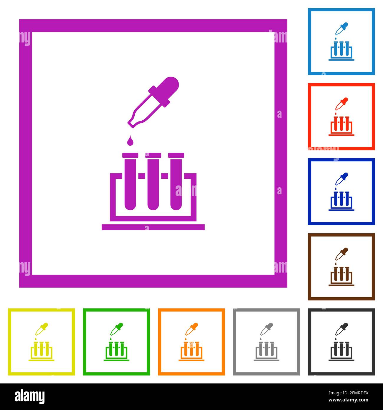 Chemical experiment flat color icons in square frames on white ...