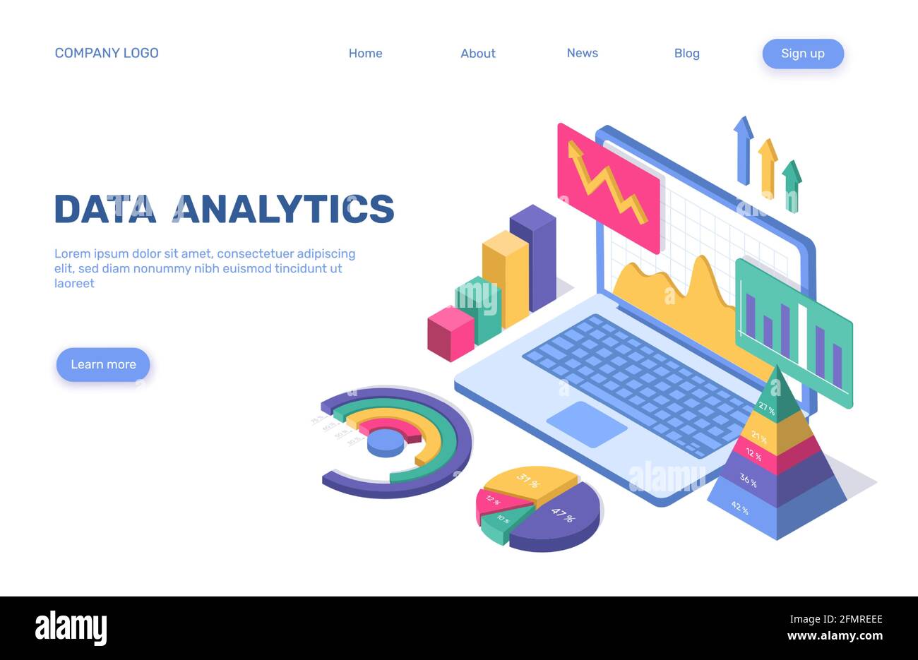 Data analytics landing page. 3d isometric business statistical analysis ...