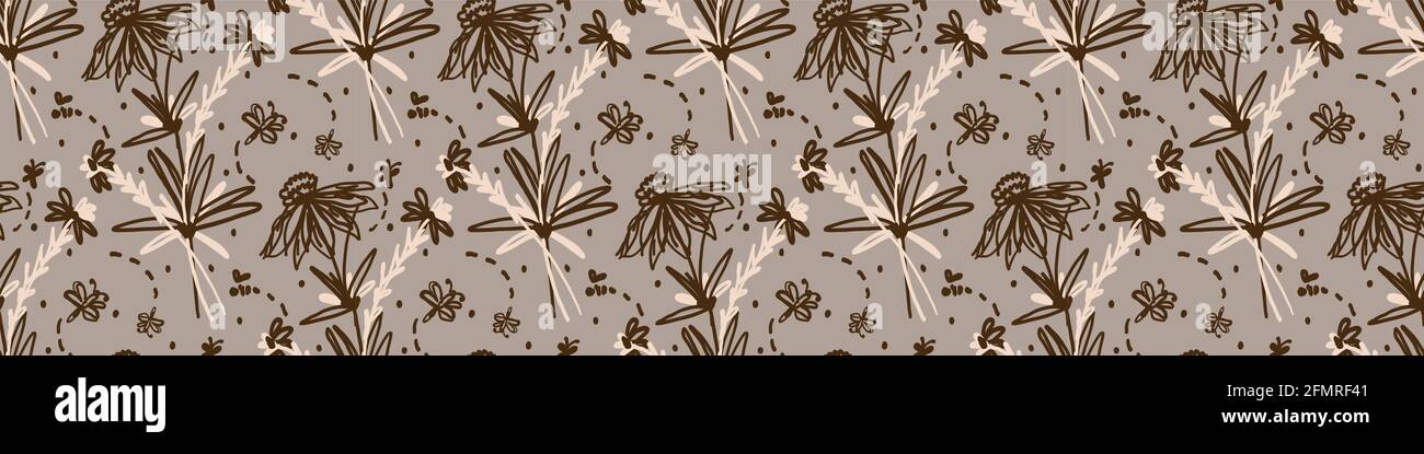 Seamless minimalist doodle flower border pattern. Calm earthy color ...