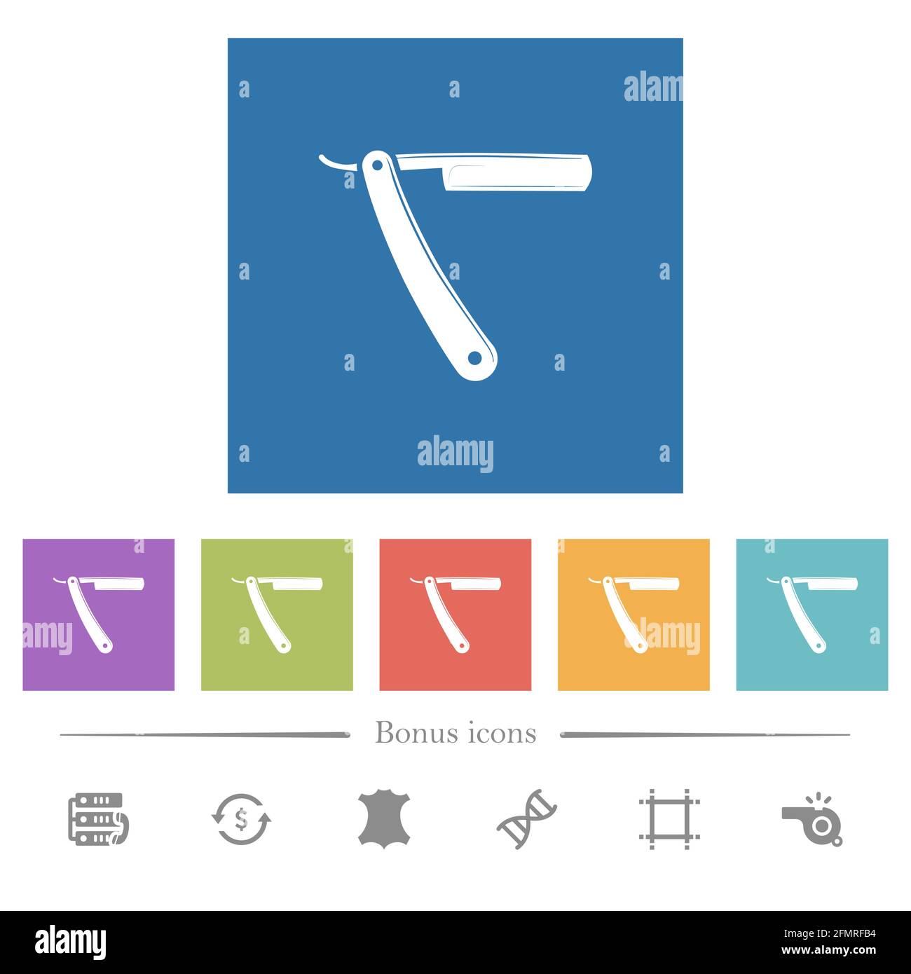 Straight razor flat white icons in square backgrounds. 6 bonus icons ...