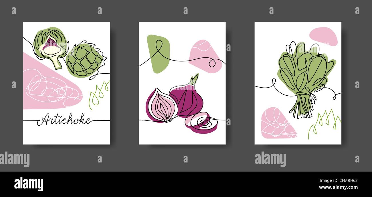 Vegetables wall line art decor. Green salad leaf, spinach, onion ...