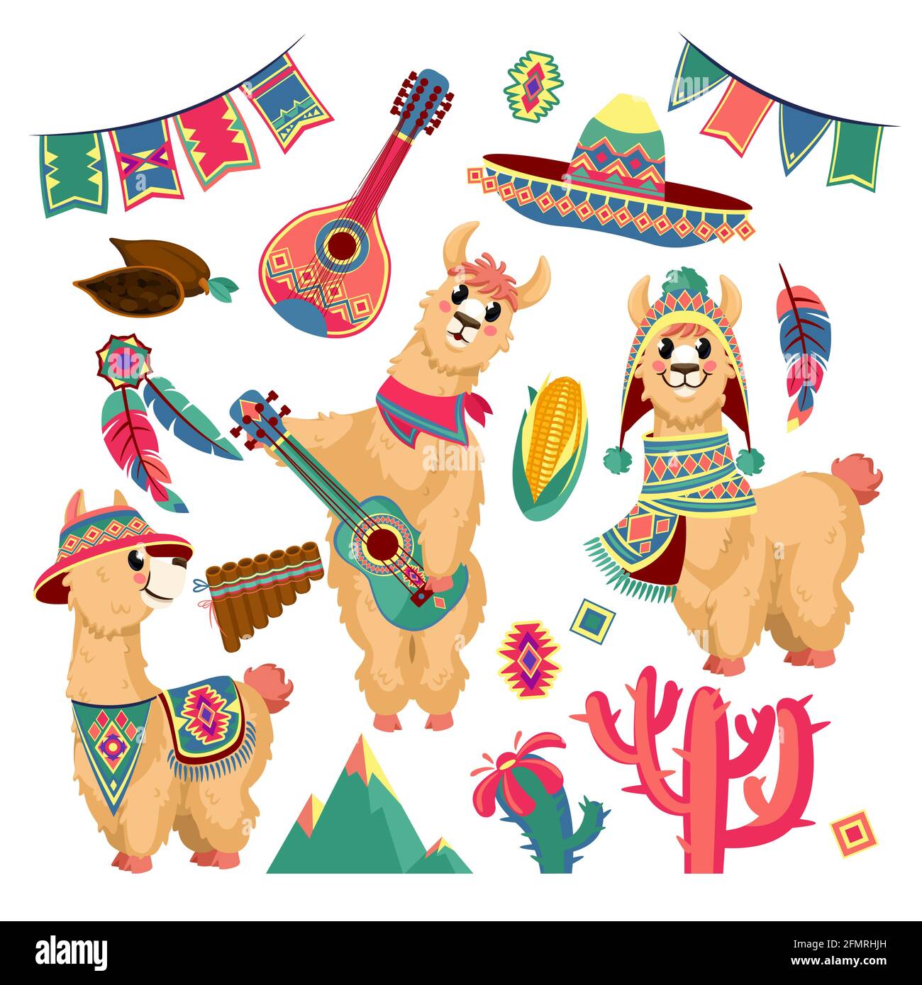Cute llamas. Funny alpaca animal in mexican clothes with guitar ...