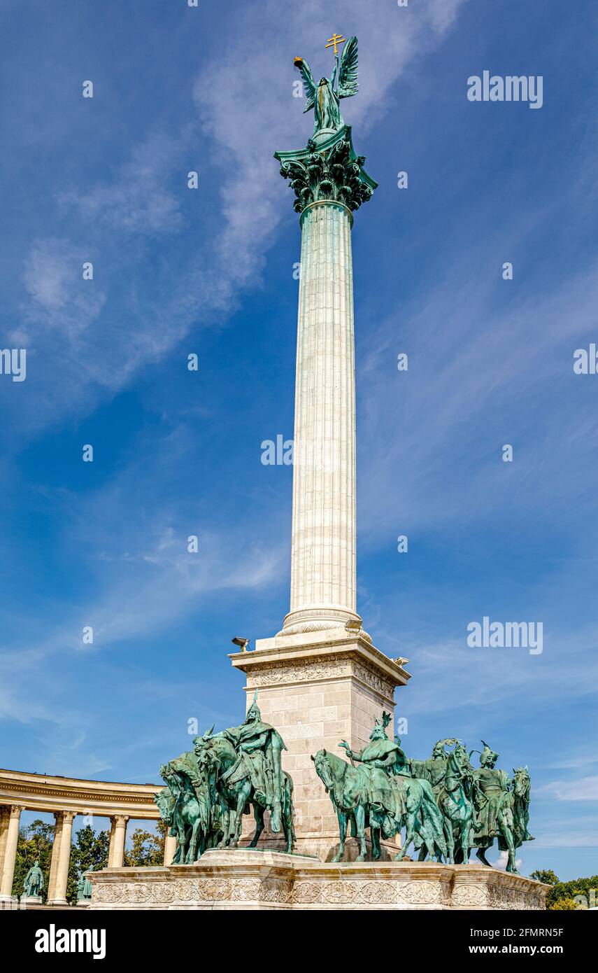 Archangel Gabriel statue in Heroes Square of Budapest, Hungary Stock ...
