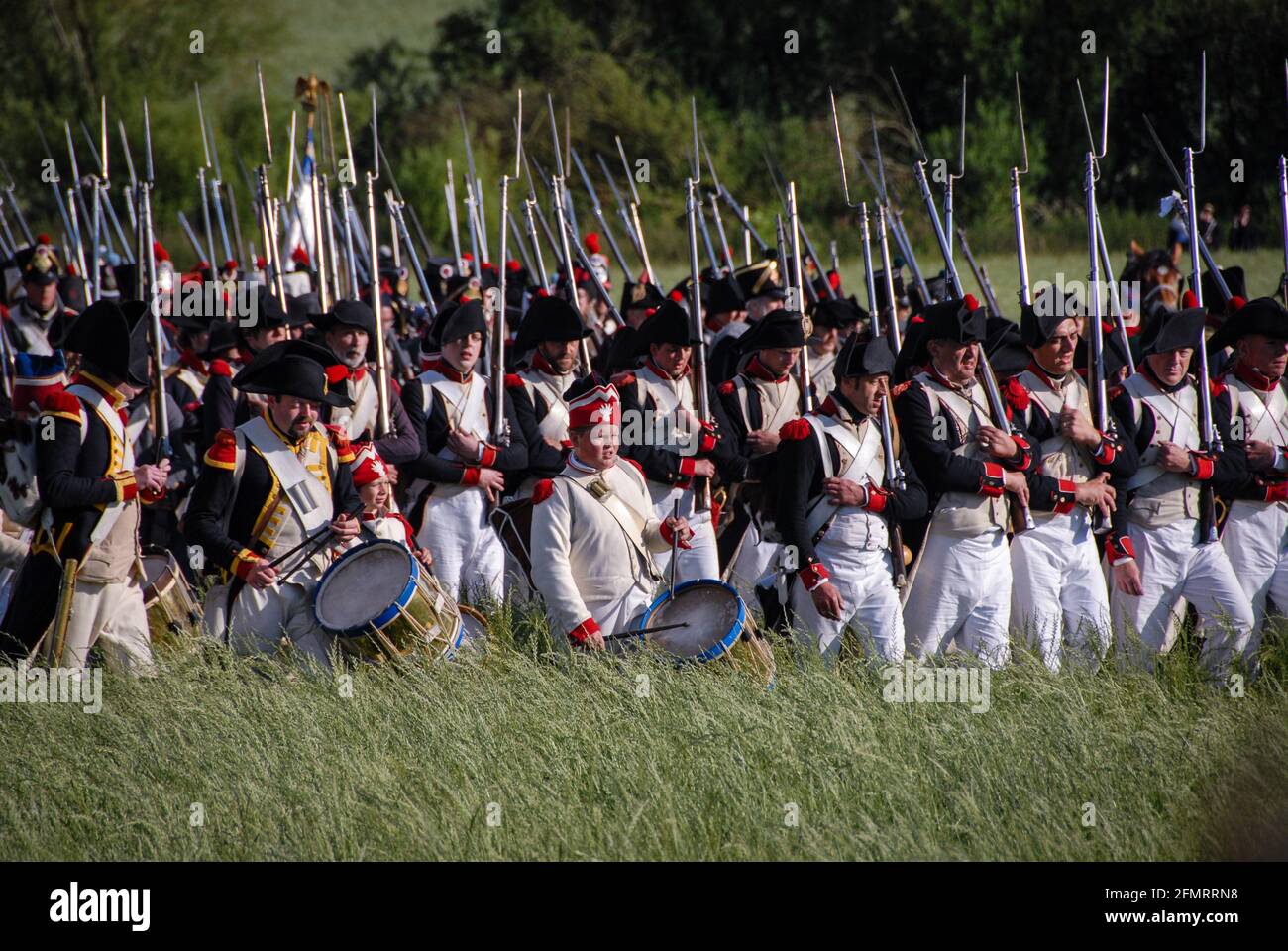 French infantry moving forward in line during the re-enactment of the ...