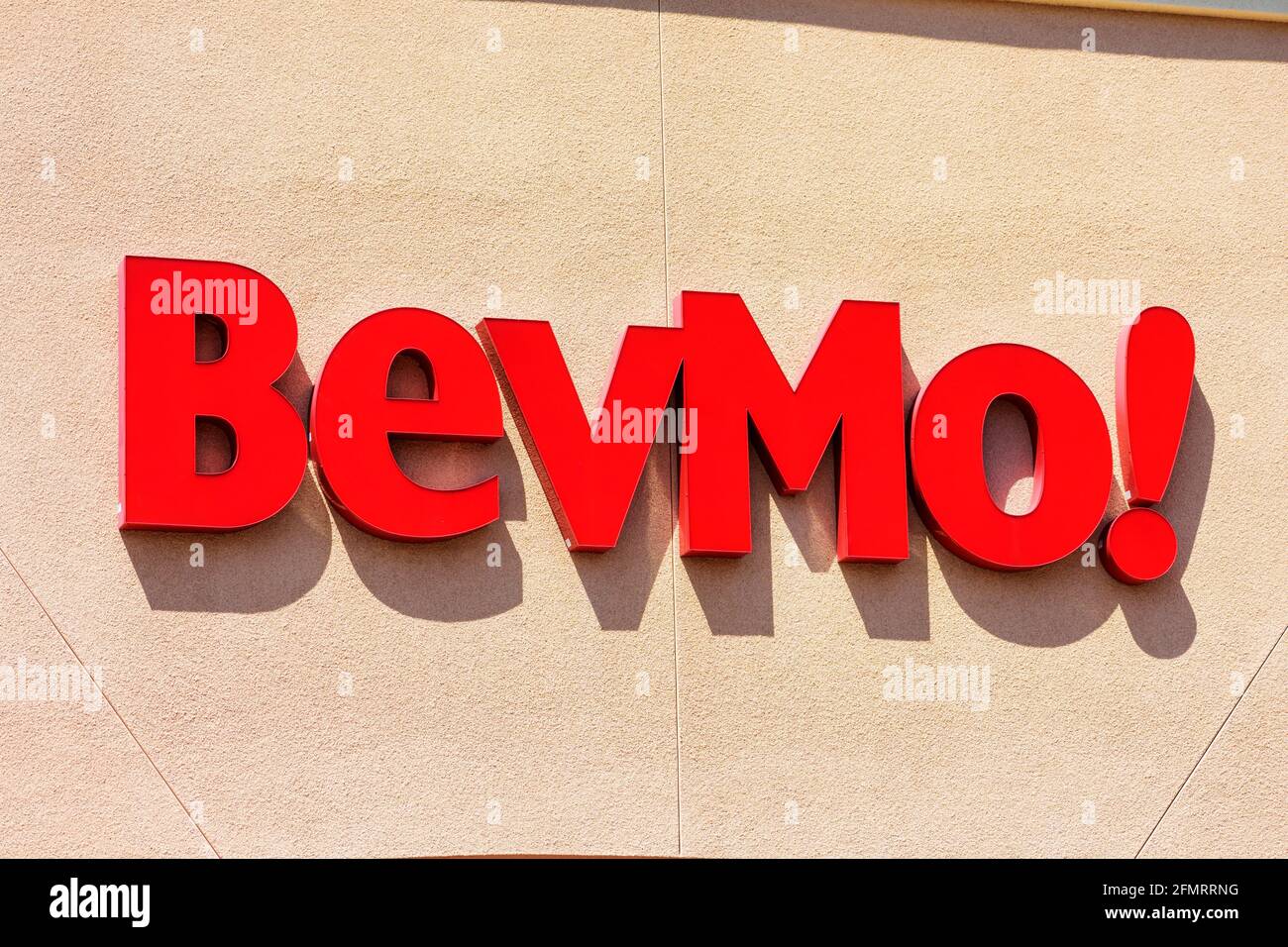 BevMo sign and logo on retail store. BevMo is a superstore retailer of ...