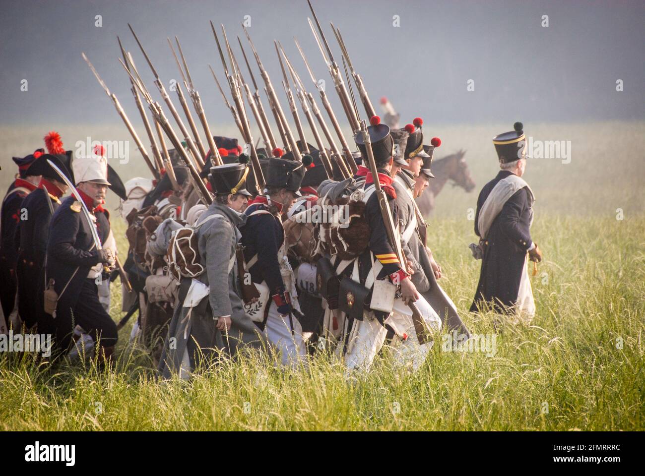 French infantry moving forward in line during the re-enactment of the ...