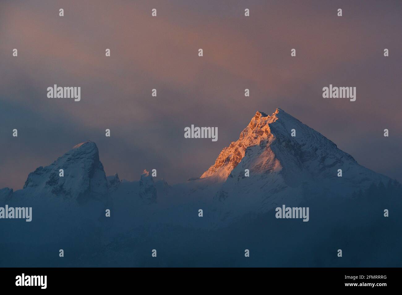 Watzmann mountain range at sunrise in winter with soft light, bavarian ...