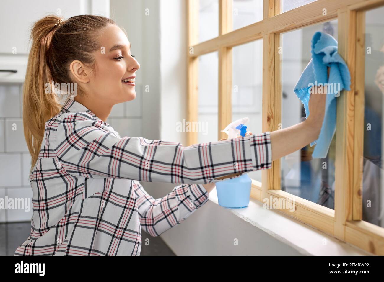 Woman Washing Window with Sponge Rag, Cleaning Window, Wiping Dirt ...