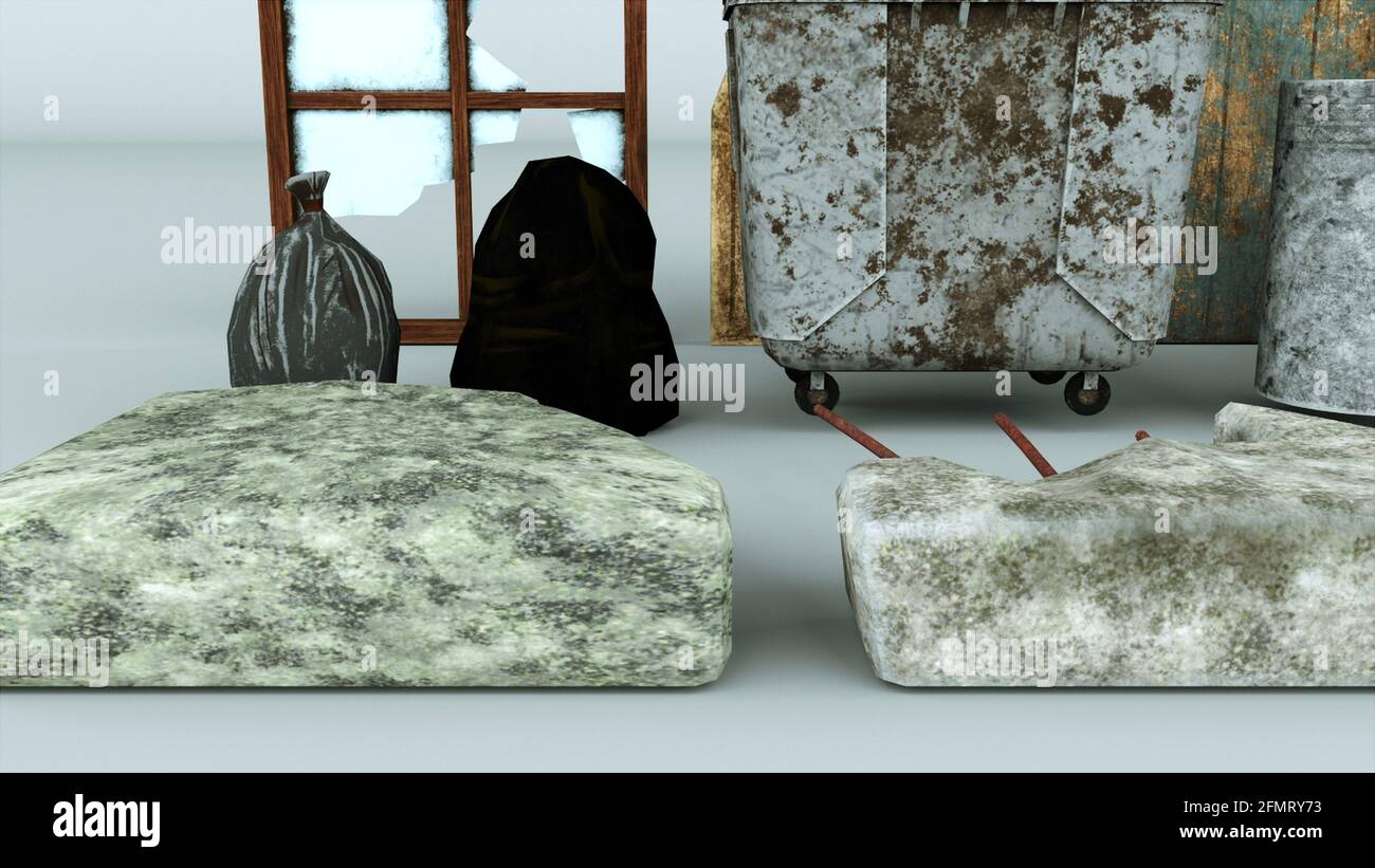 Retro 3d render rusty boxes with halfrotten containers and vintage old ...