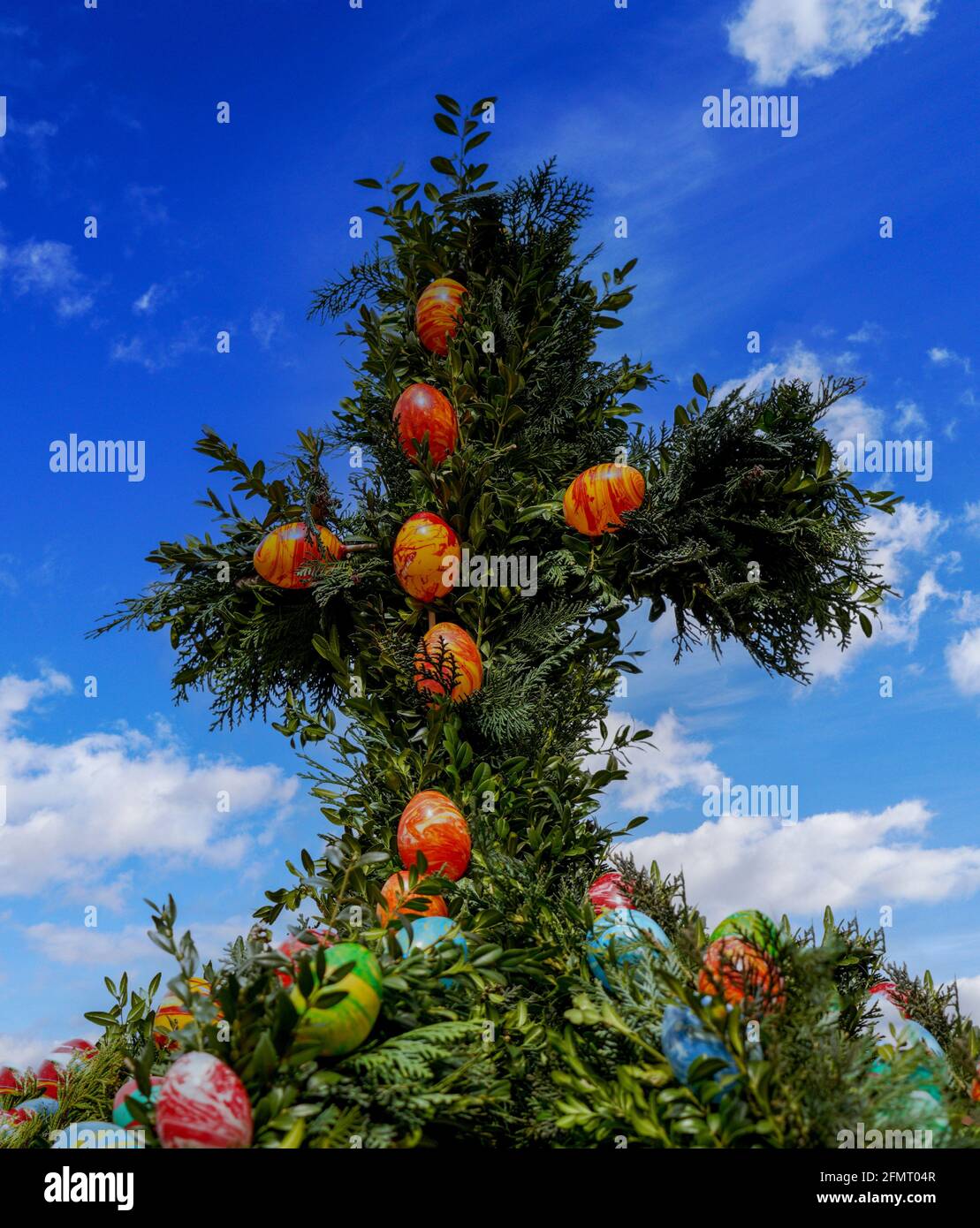 Easter is a religious festival with colored eggs and decorated bushes ...