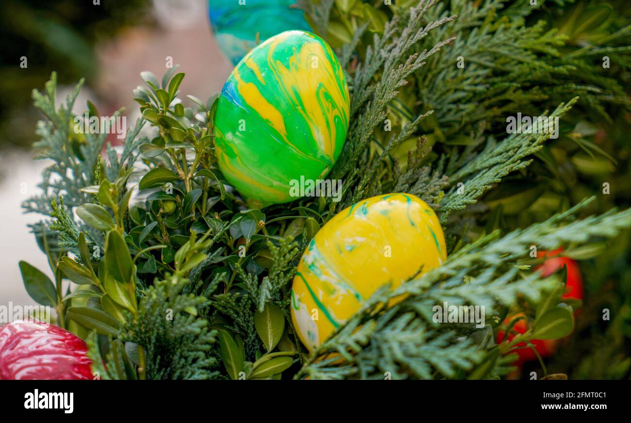 Easter is a religious festival with colored eggs and decorated bushes ...