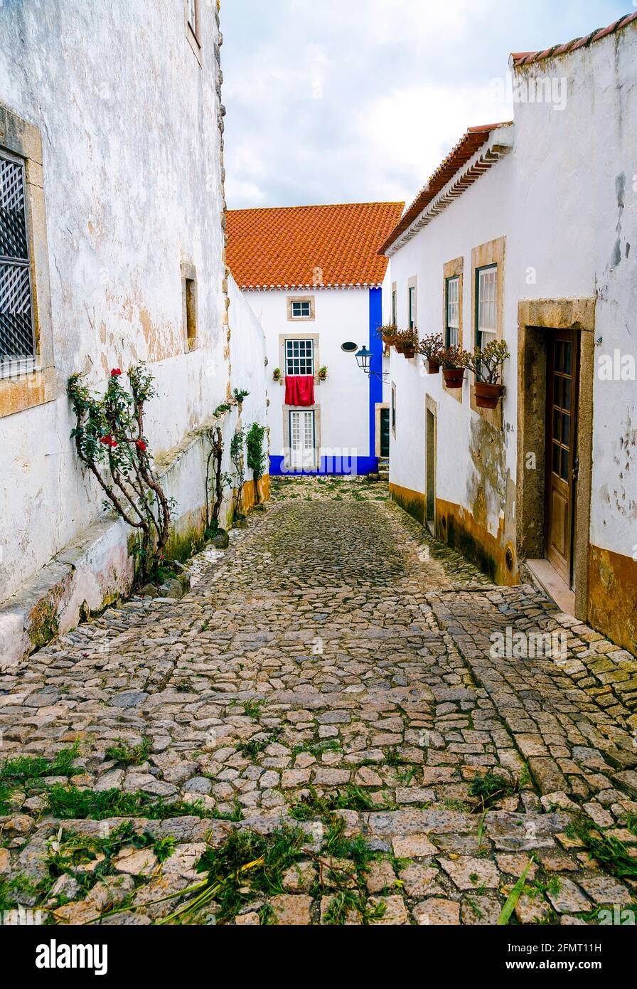 Obidos, Portugal, a medieval city encircled by a fortified wall. Its ...