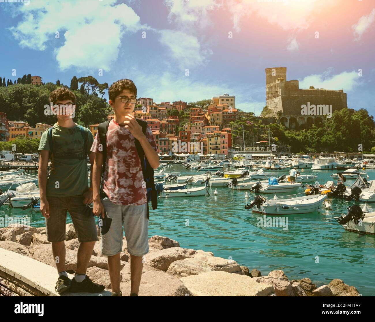 Lerici, Liguria, Italy. June 2021. Two young tourists have temporarily ...