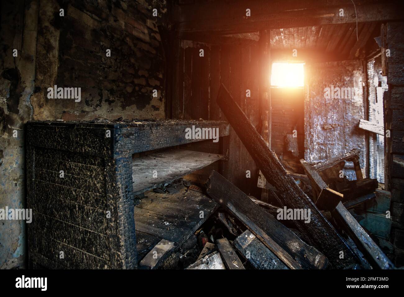 Burnt old house interior. Consequences of fire Stock Photo - Alamy