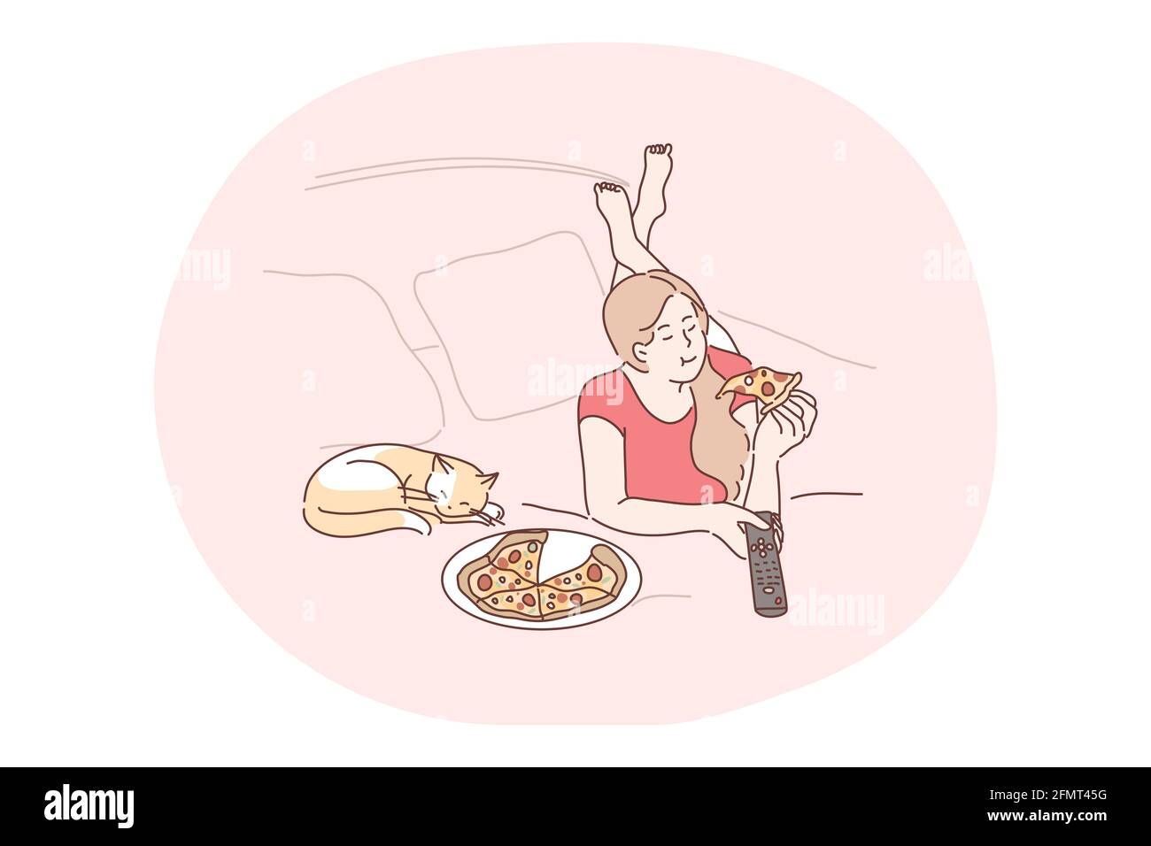 Pizza delivery service, relax in bed with movie and pizza concept Stock ...