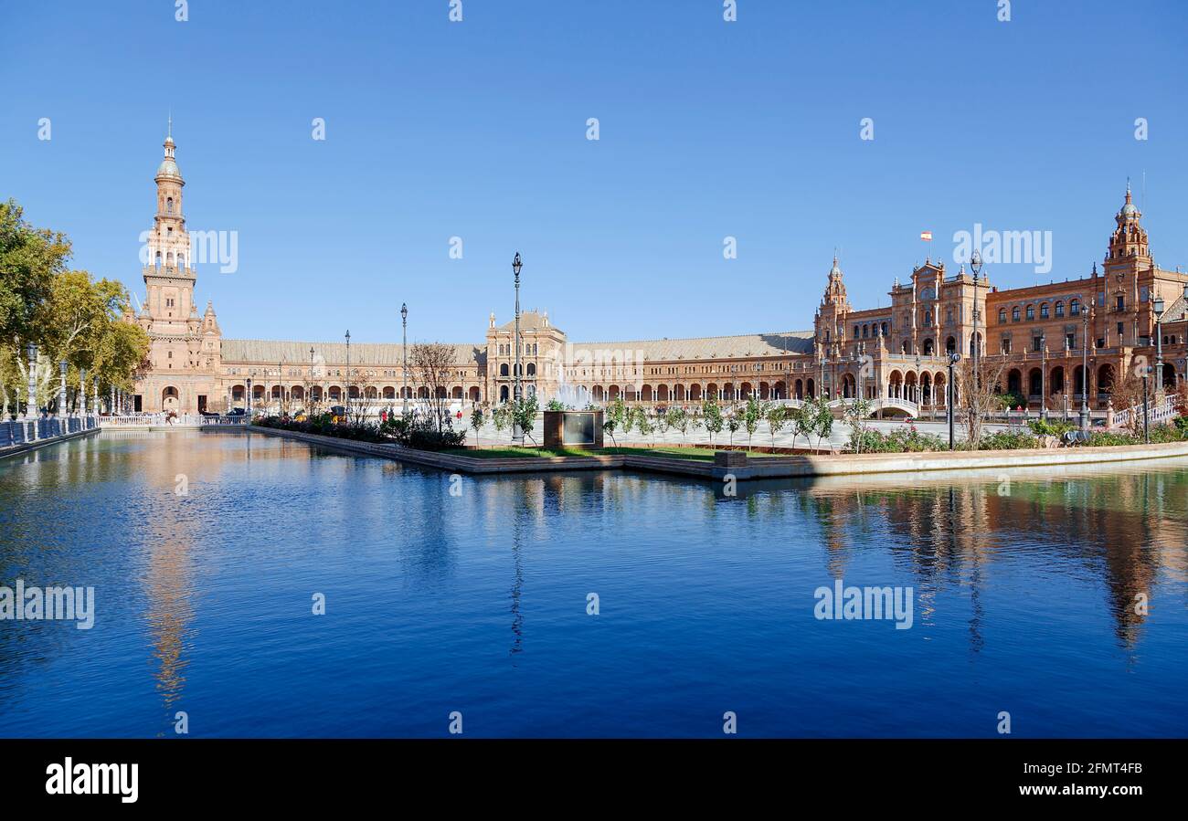 Water Canal on Plaza de Espana - Spanish Square in Seville, Andalusia ...
