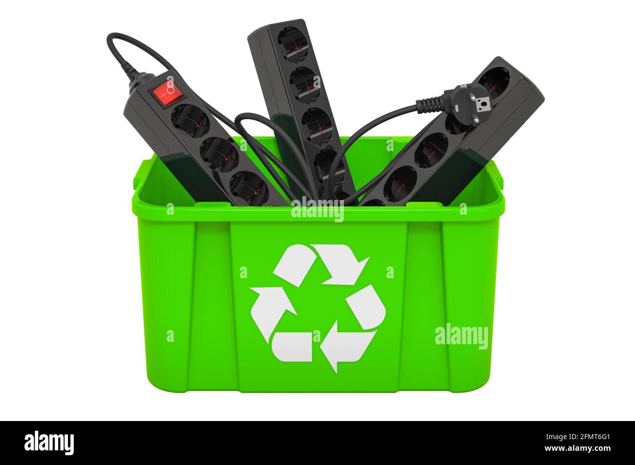 Recycling trashcan with surge protector, spike suppressor. 3D rendering ...