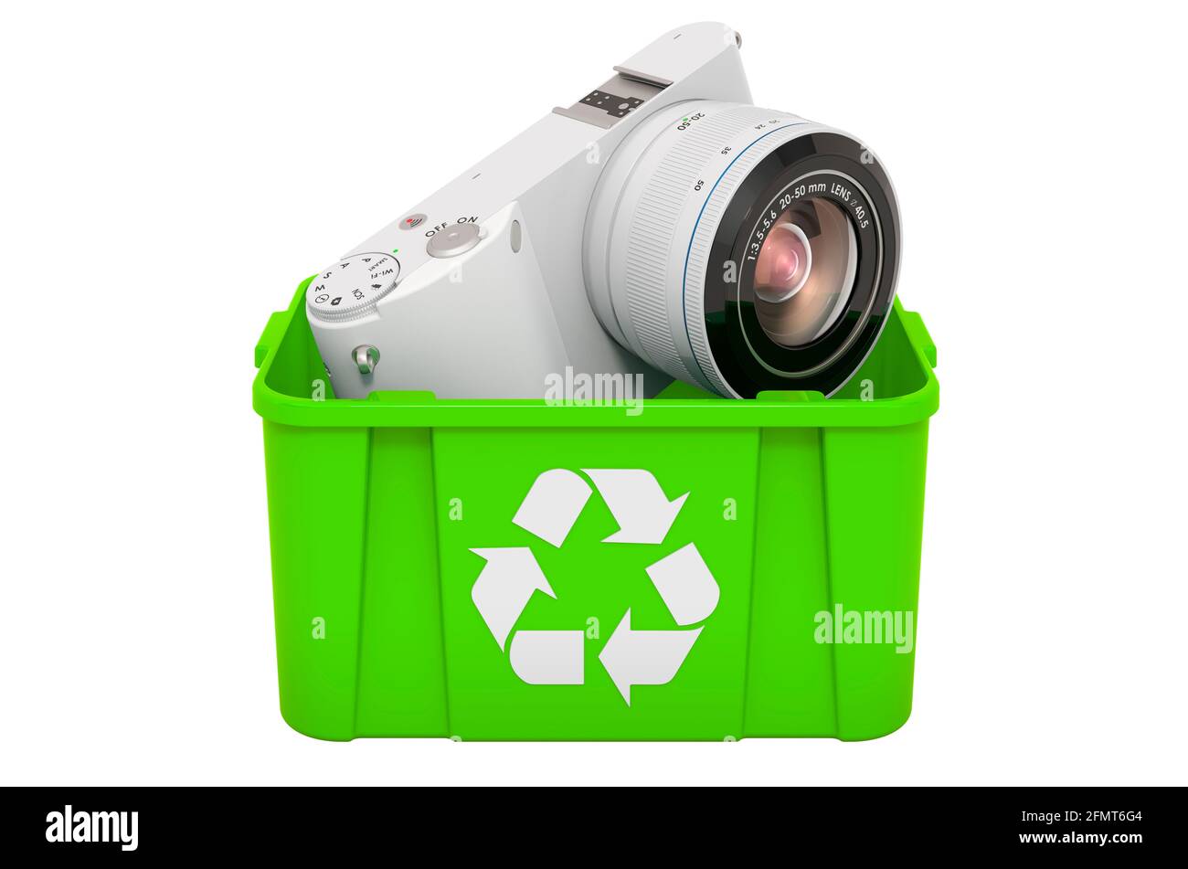 Recycling trashcan with mirrorless digital camera, 3D rendering ...