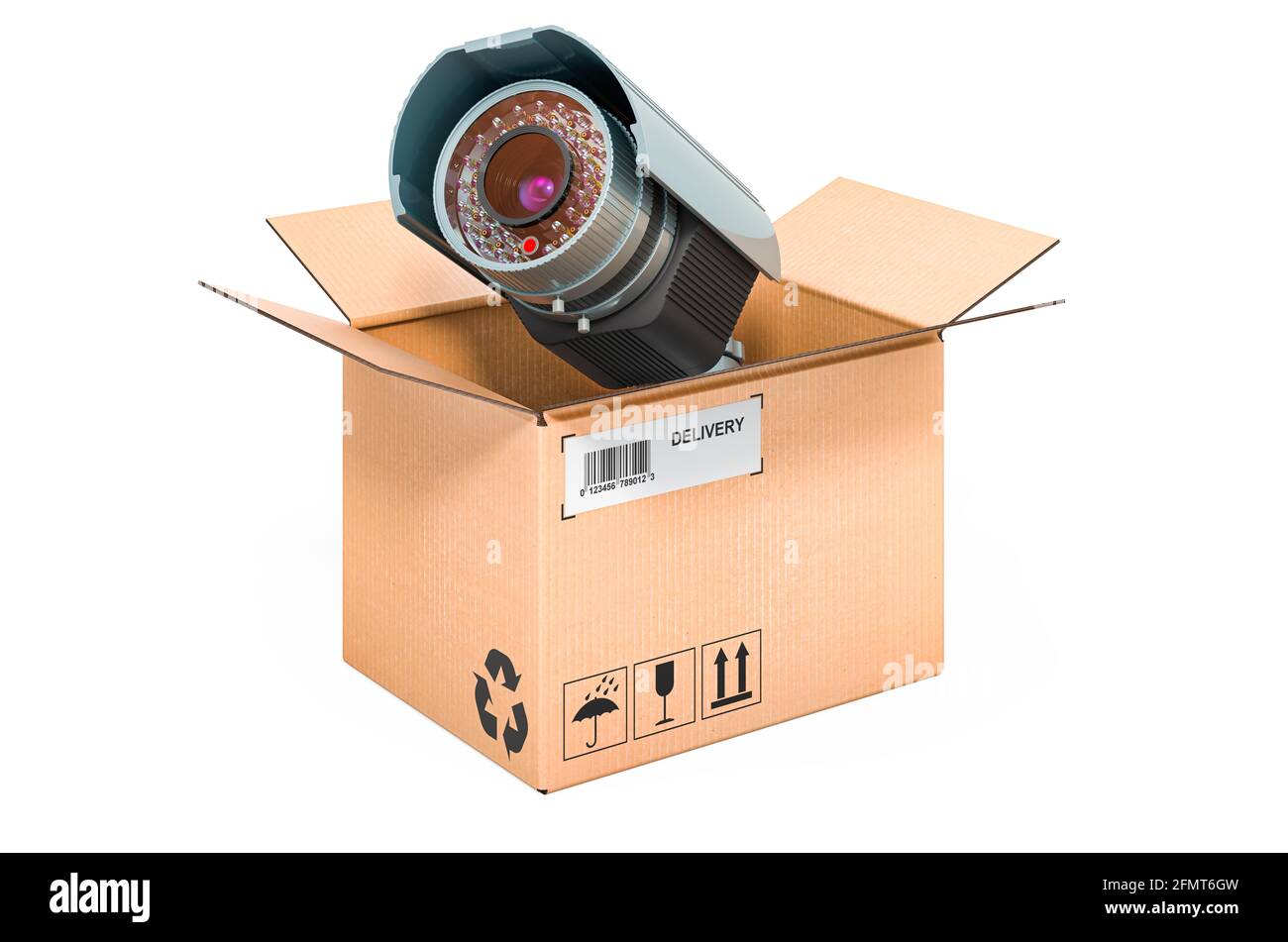 Security camera inside cardboard box, delivery concept. 3D rendering ...