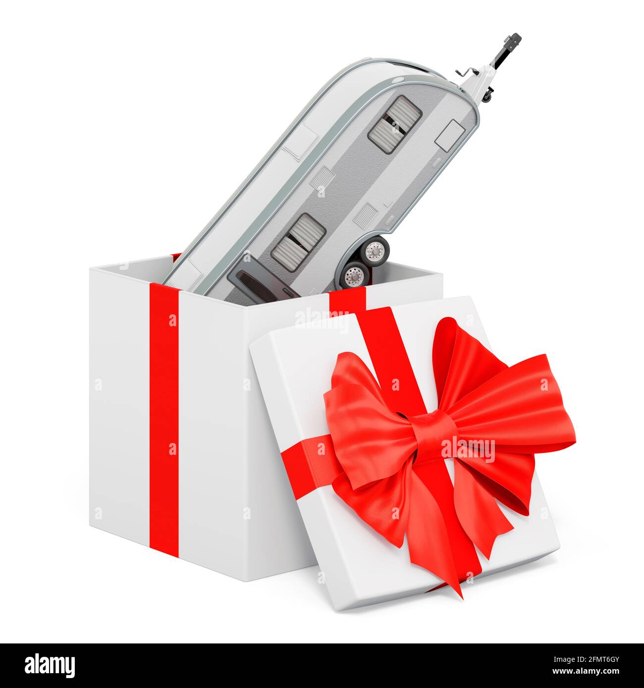 Towed trailer inside gift box, present concept. 3D rendering isolated ...