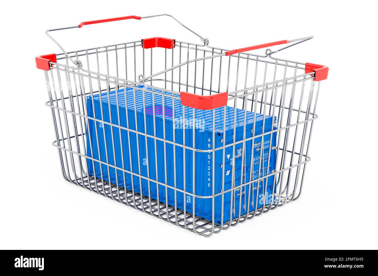 Shopping basket with cargo container, 3D rendering isolated on white ...