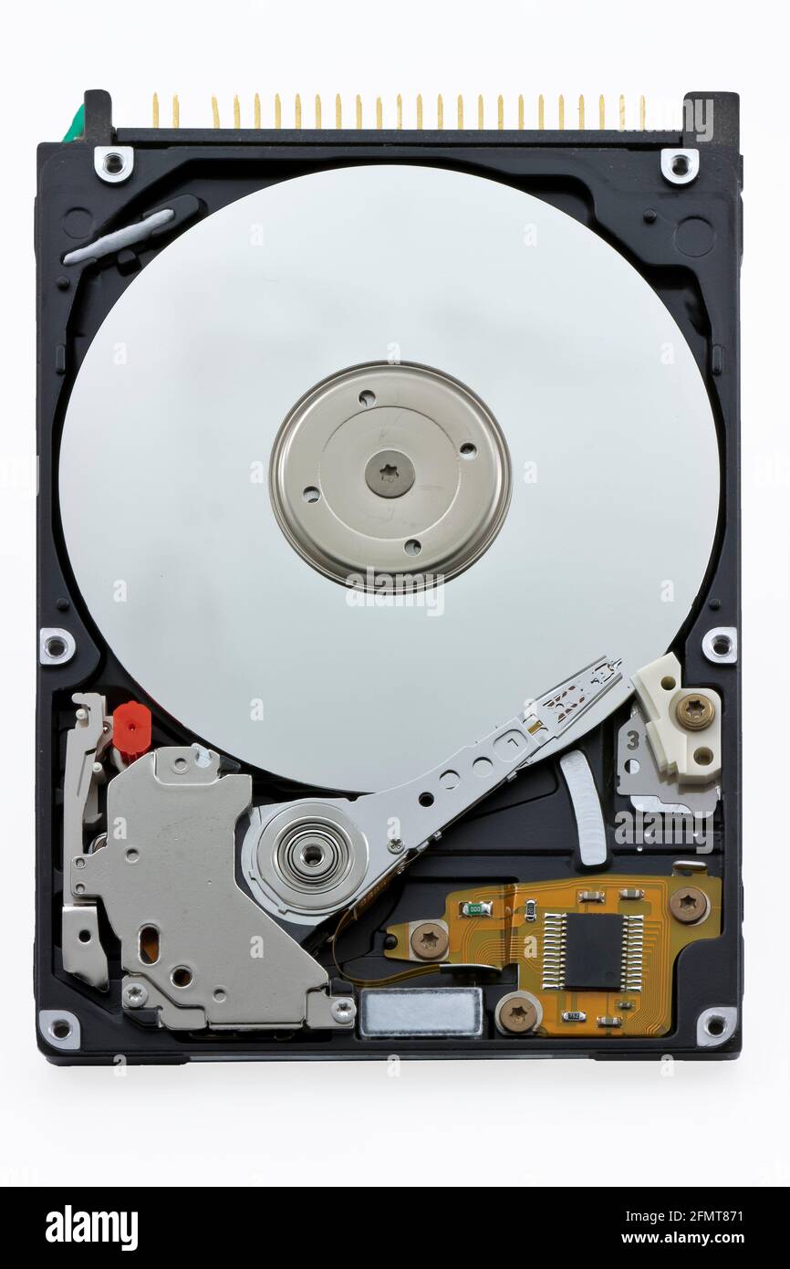 Close-up inside view of hard disk isolated on white background Stock ...