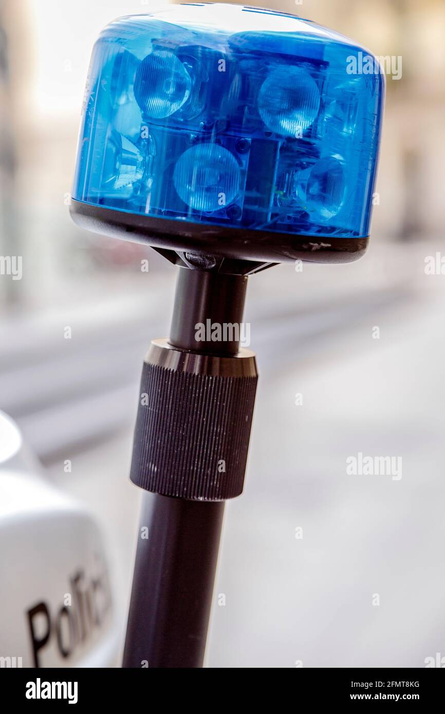 police motorcycle headlight, detailed alarm light blue back Stock Photo ...