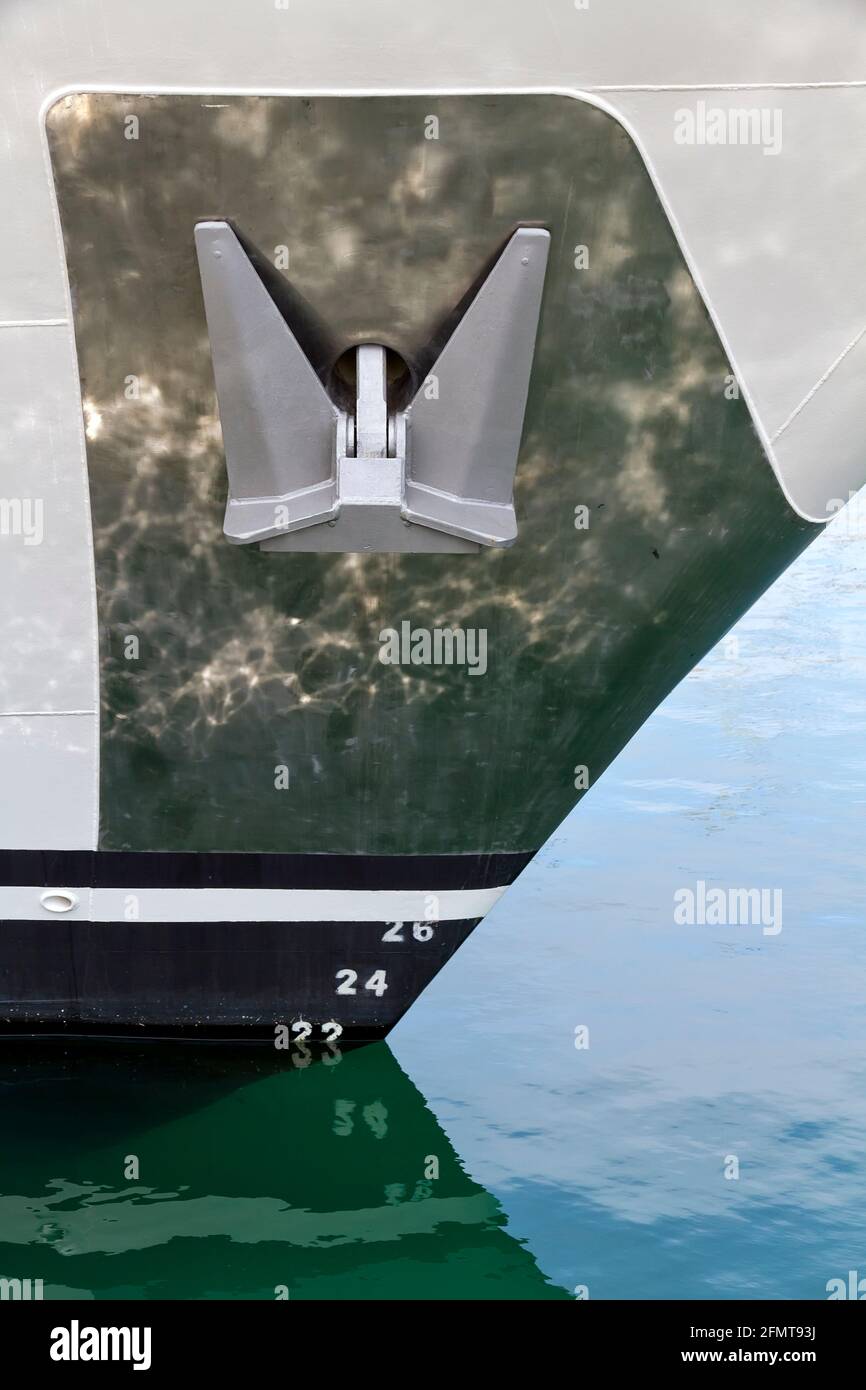 The anchor of a ship, nautical equipment. With details of the waterline ...