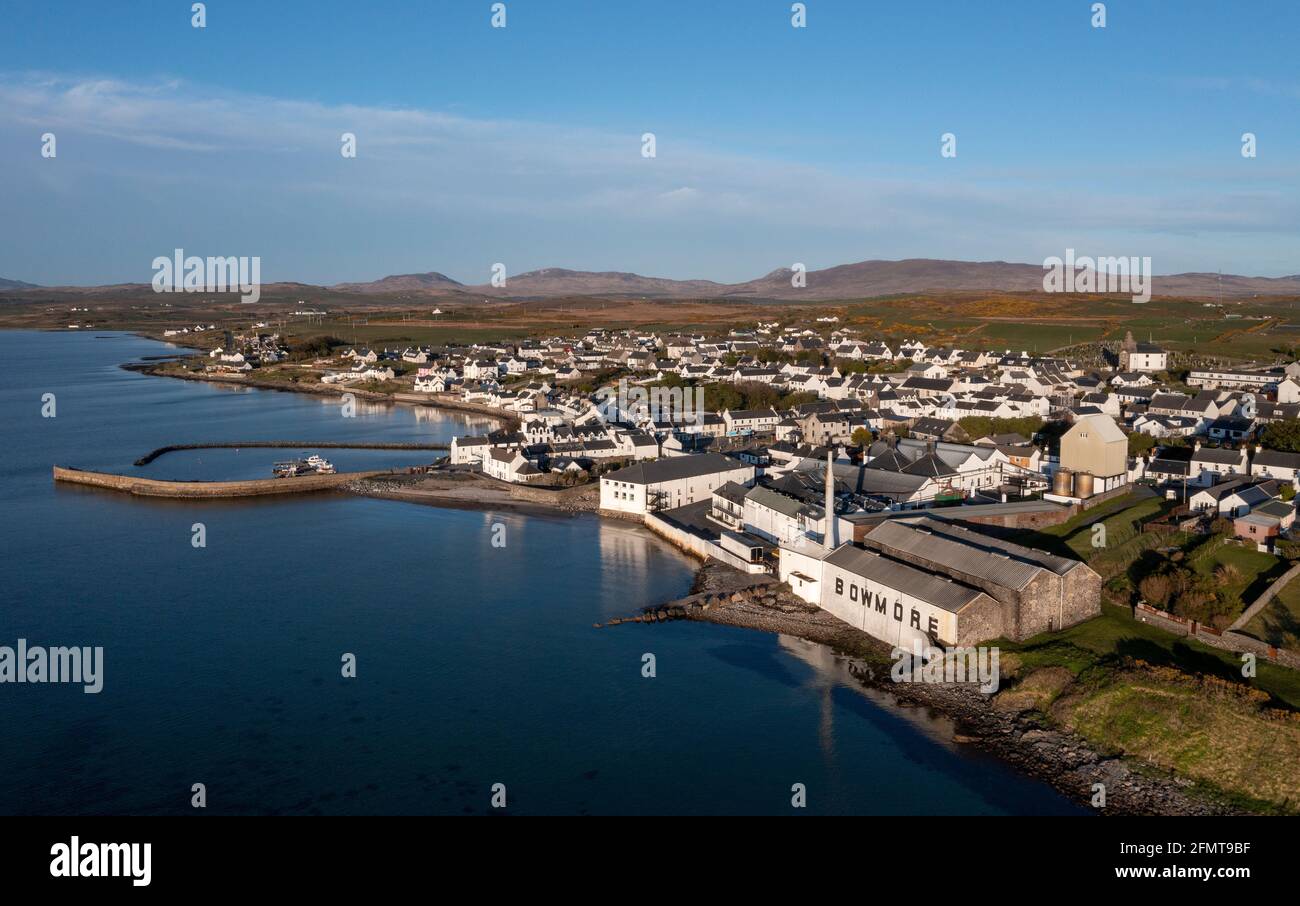 Aerial view of the Bowmore Distillery, in Bowmore town, Islay, Inner ...