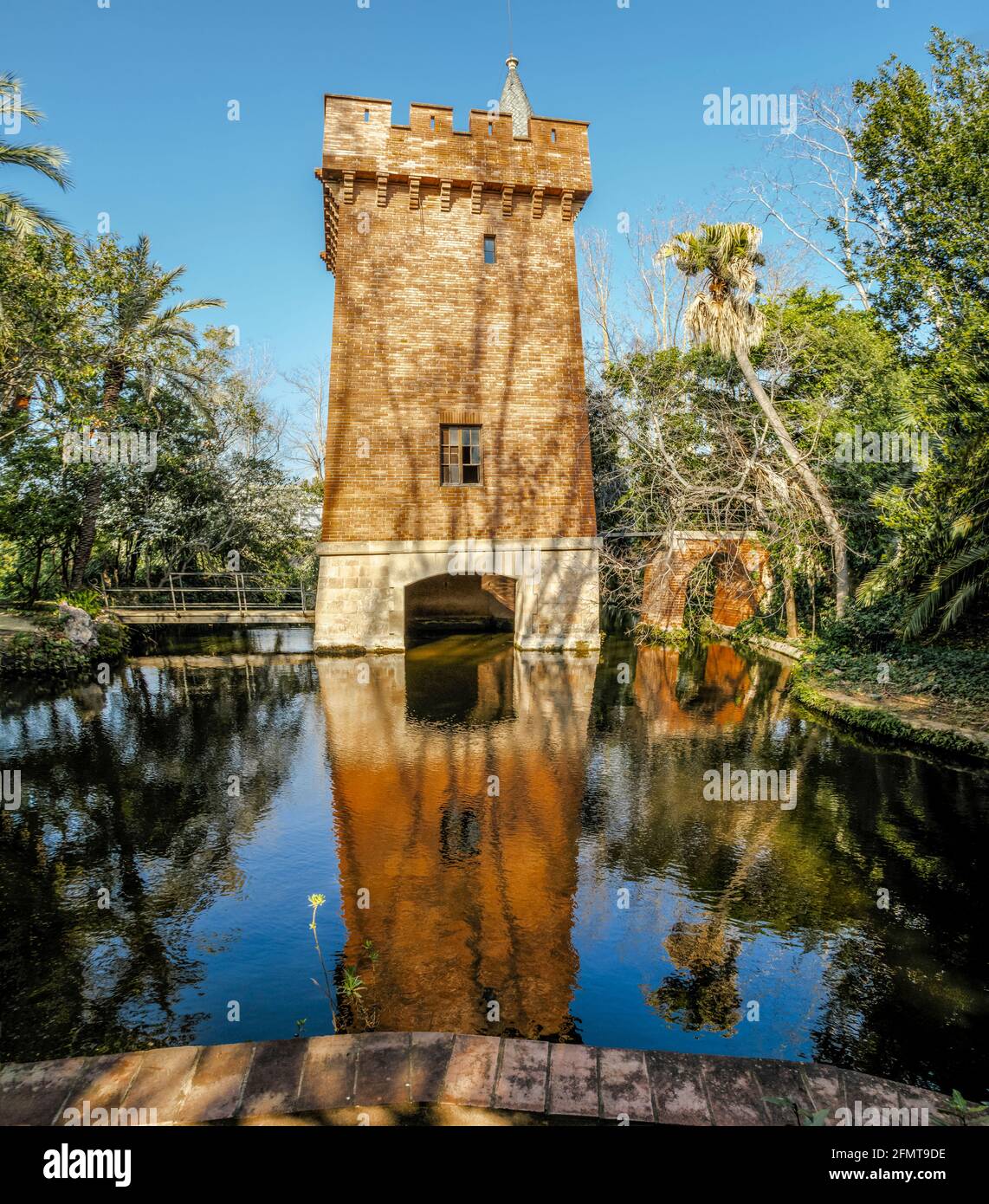 Castle of the lake, with its elevated bridge in Park Can Soley Badalona ...