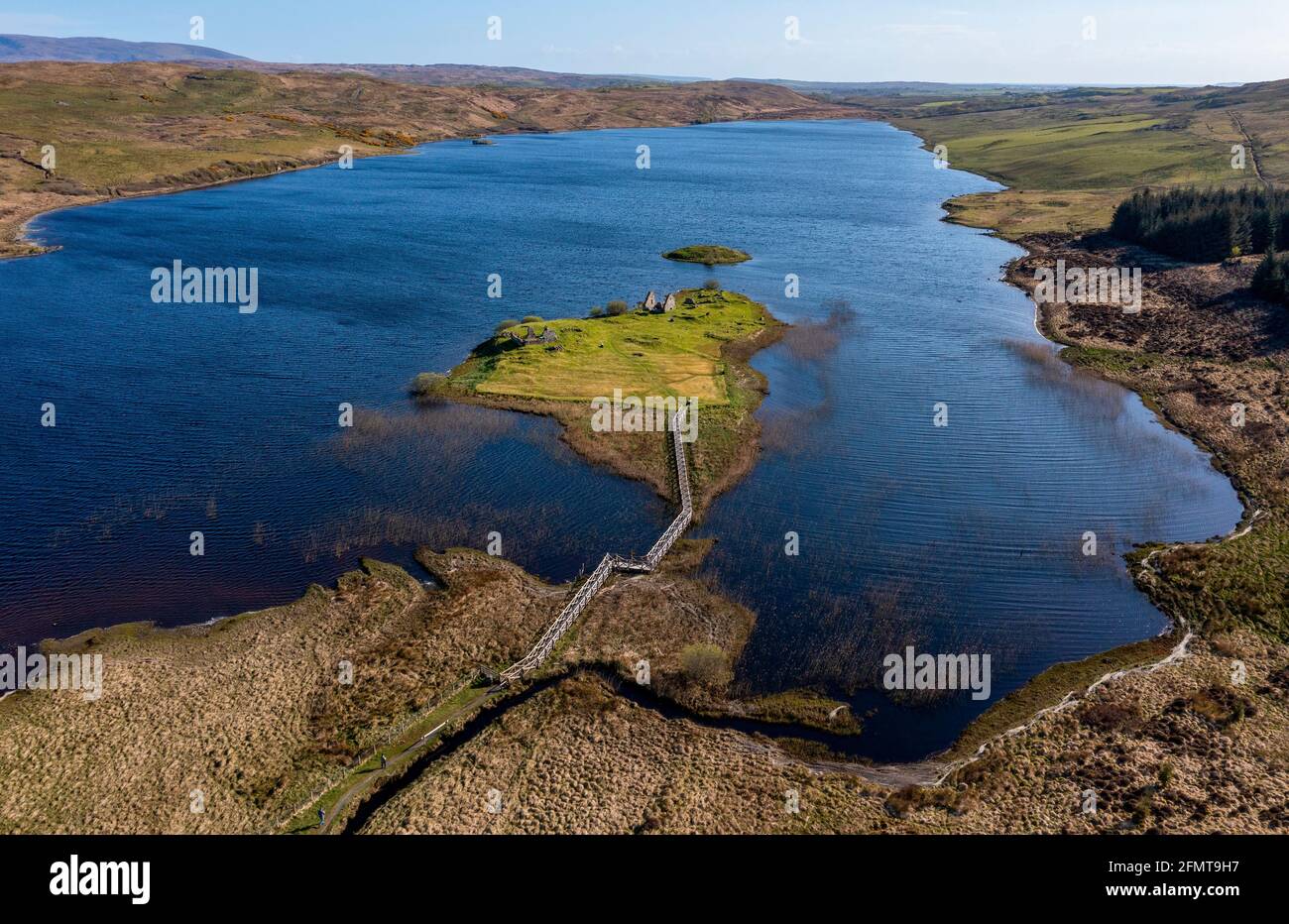 Aerial view of Finlaggan historic site on Eilean Mòr in Loch Finlaggan ...