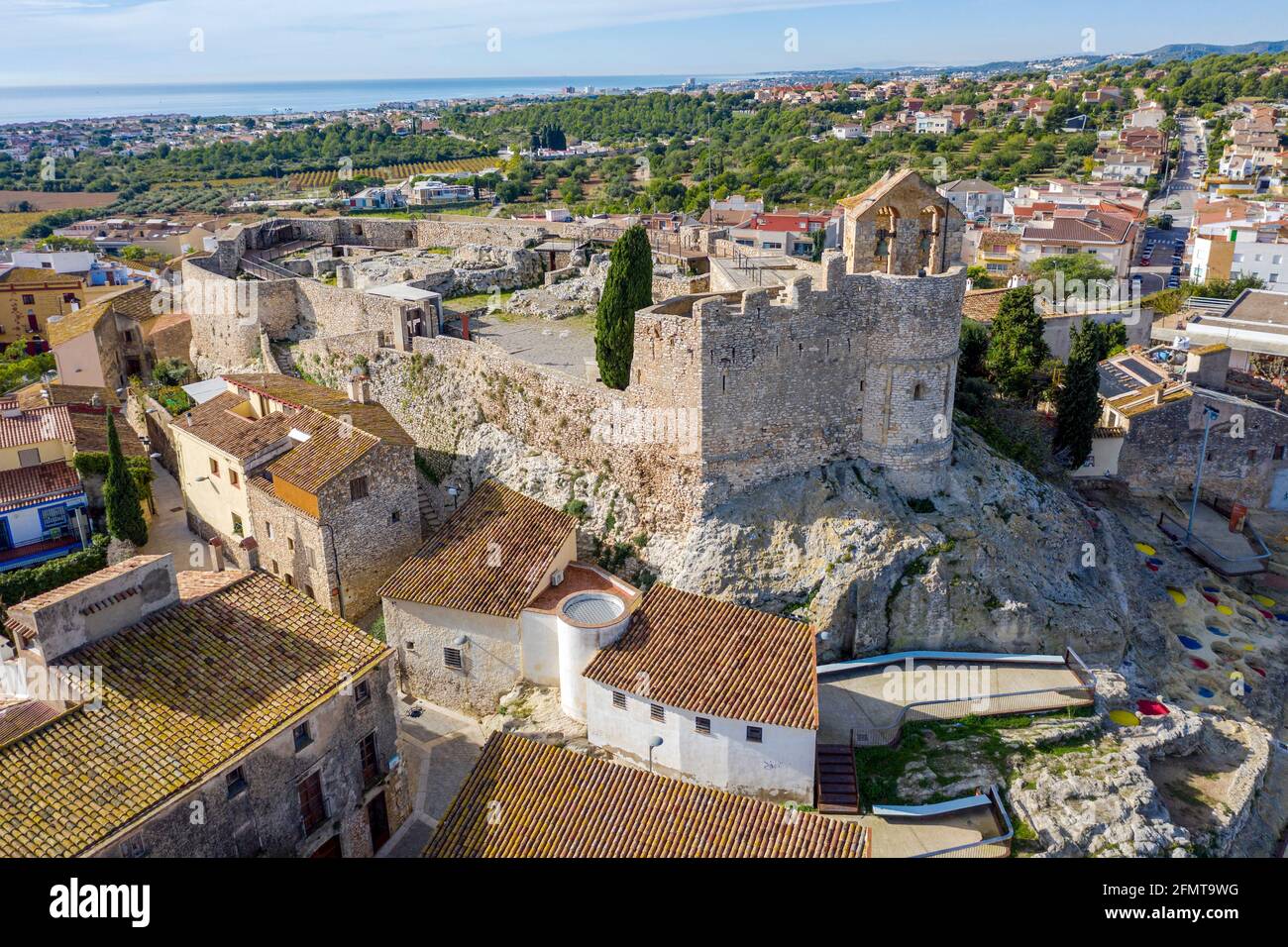Medieval stone castle of Catalonia on the rock in Spain. Main landmark ...