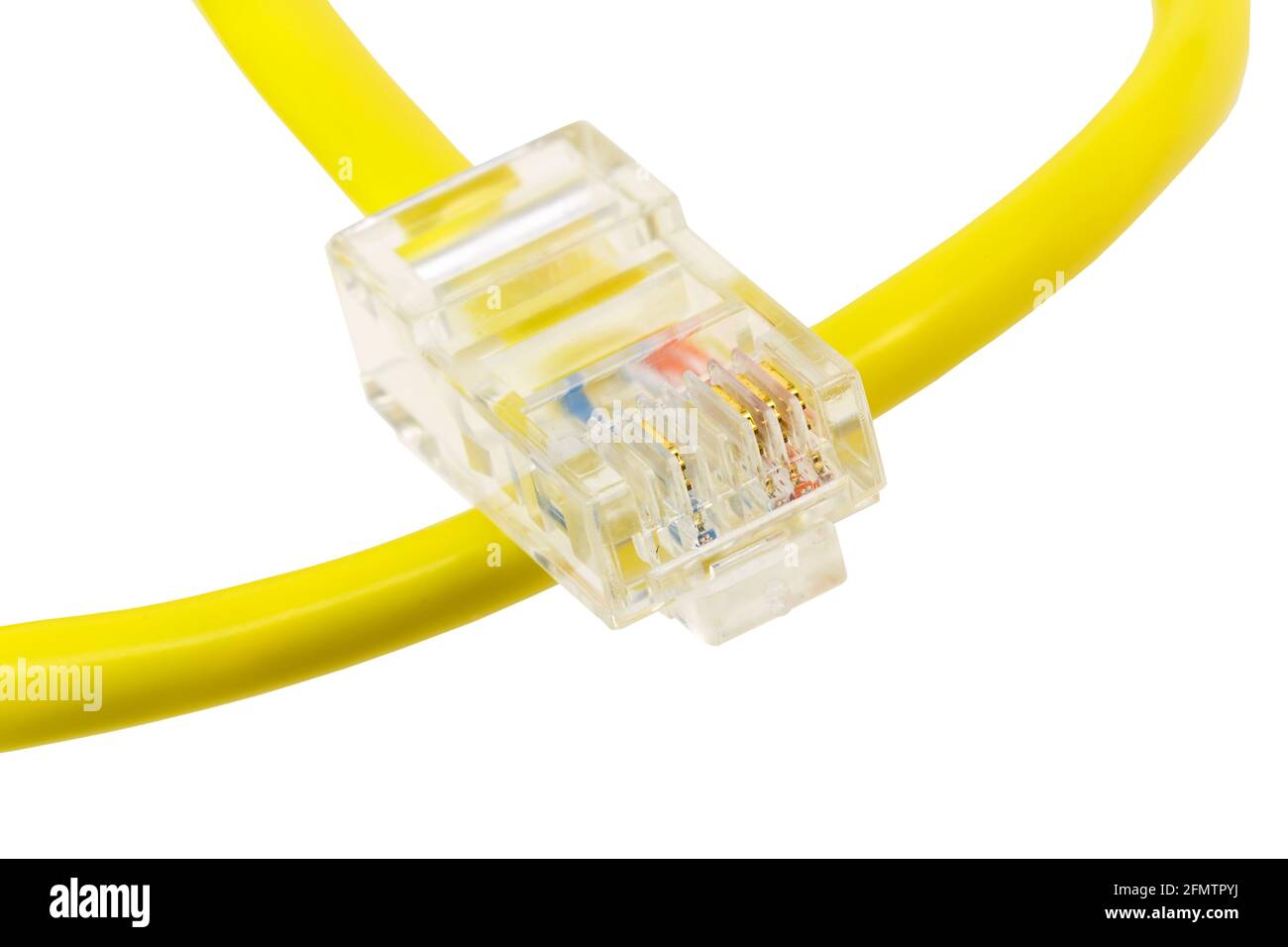Yellow Network Cable with molded RJ45 plug isolated against white ...