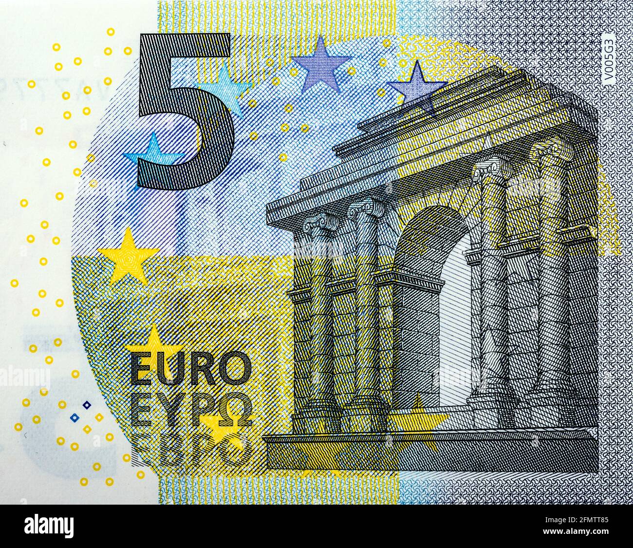 A close-up of a new 5 Euro bank note with added Germany V005G3 writing Stock Photo - Alamy