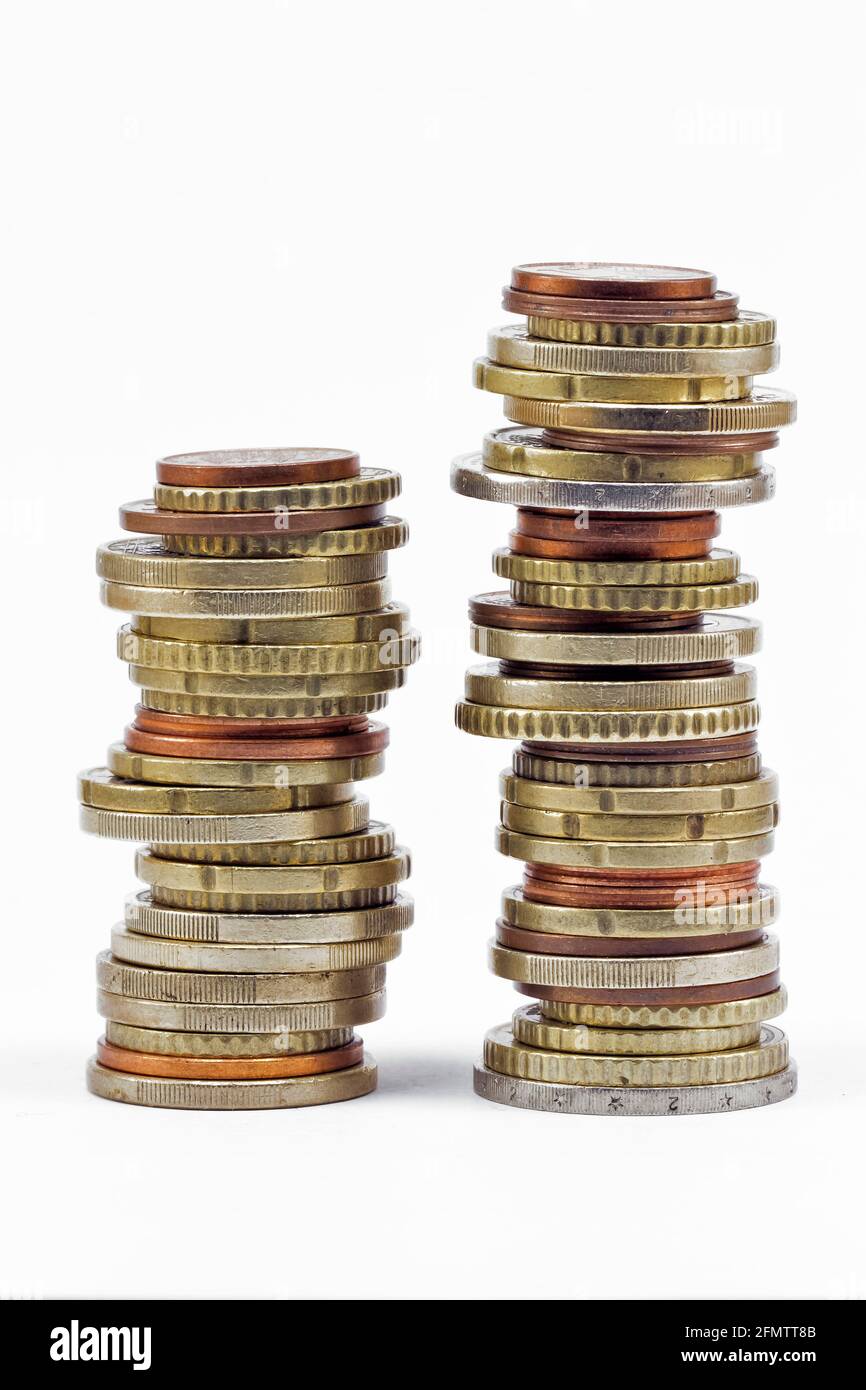 two coins euros stacks isolated on white background Stock Photo - Alamy