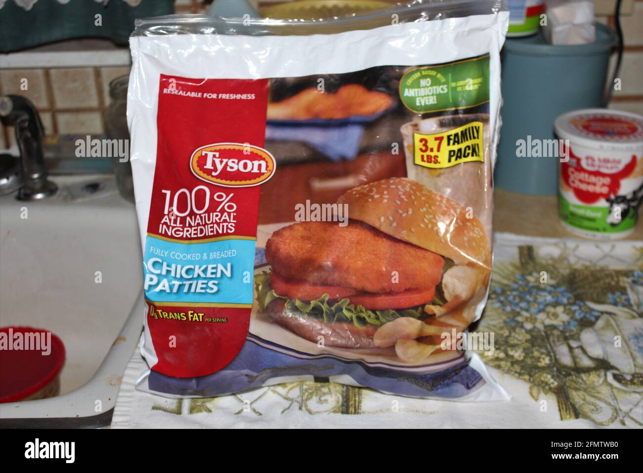 Tyson Frozen Breaded Chicken Patties in a bag shot closeup on a counter ...