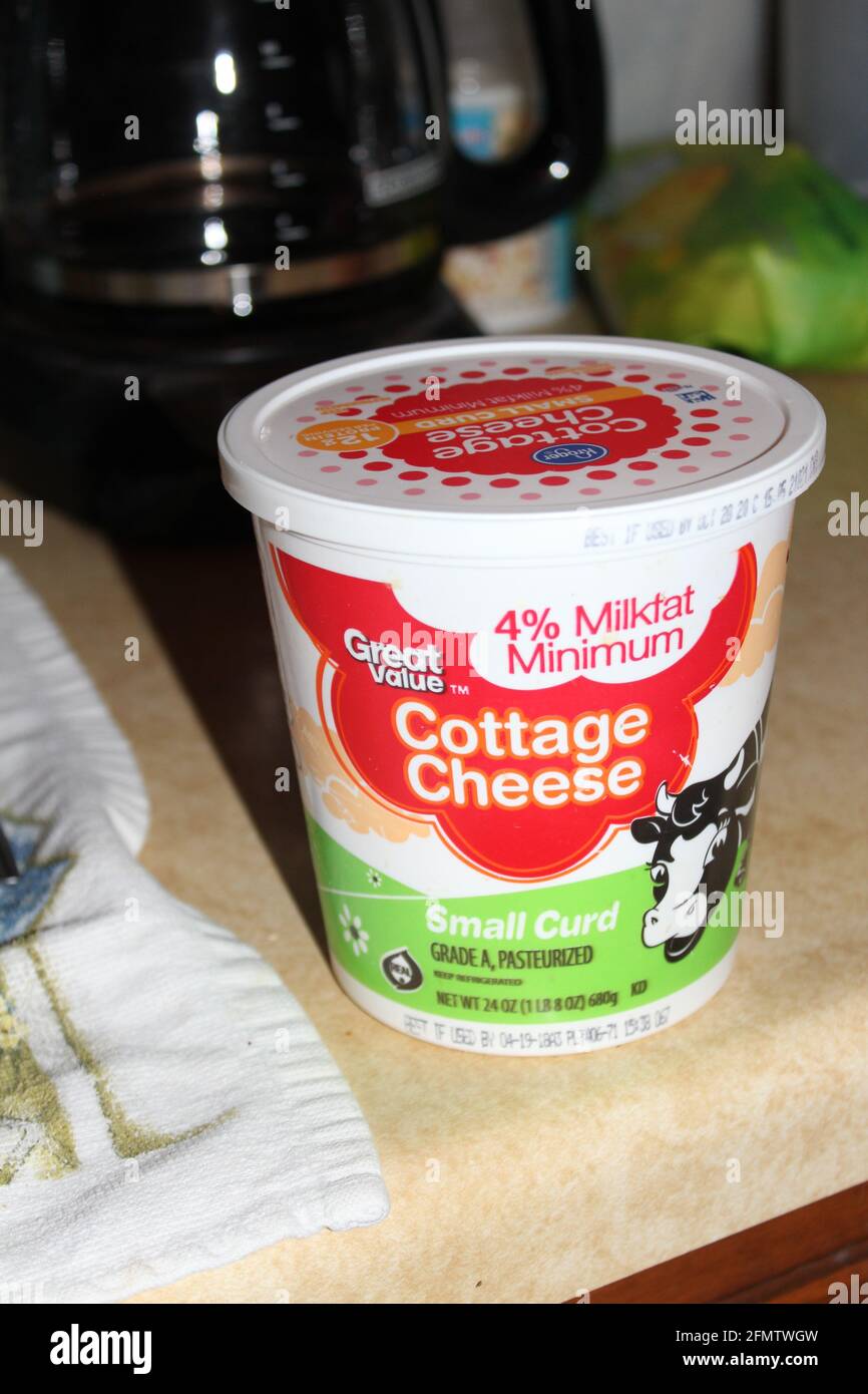 Kroger Cottage Cheese shot closeup on a counter top that's bright and ...