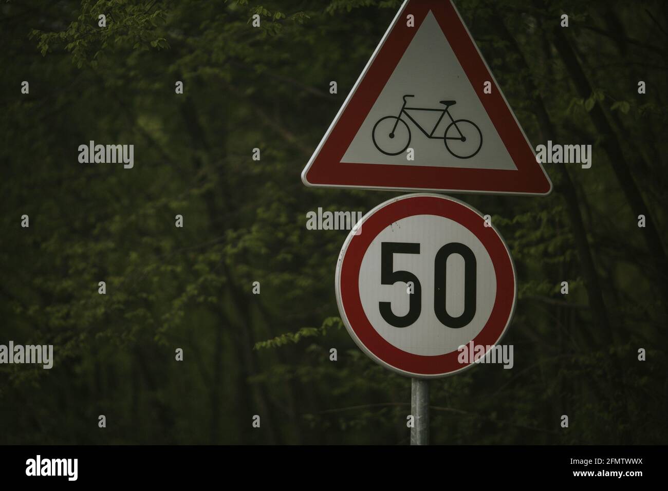 Triangle bicycle sign in the woods with a 50 mph sign below it Stock ...