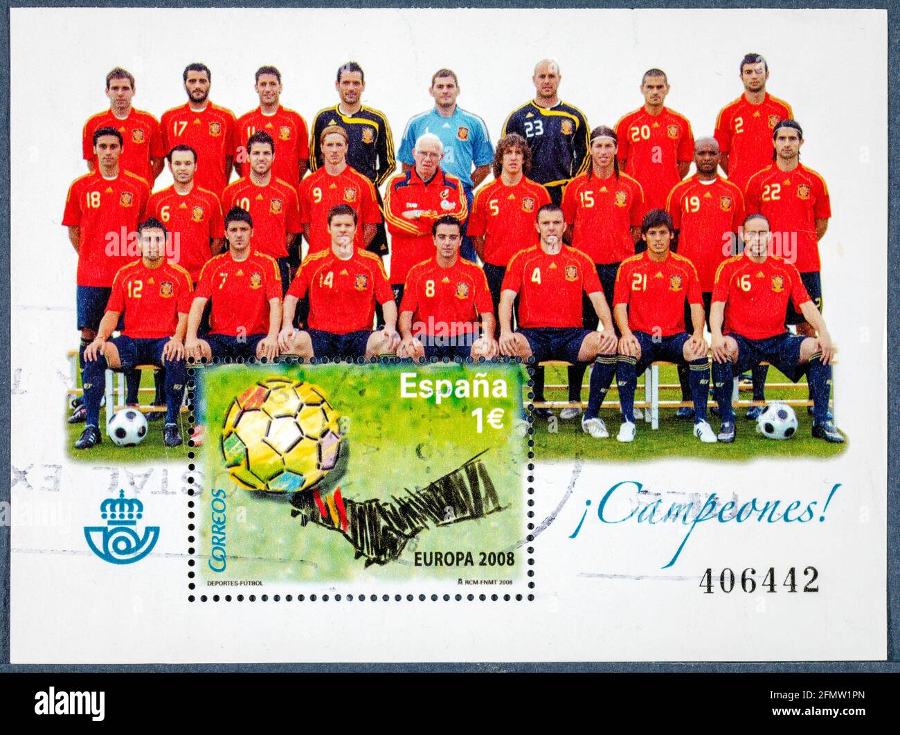 SPAIN - CIRCA 2008: A stamp printed in Spain shows the Spanish football ...