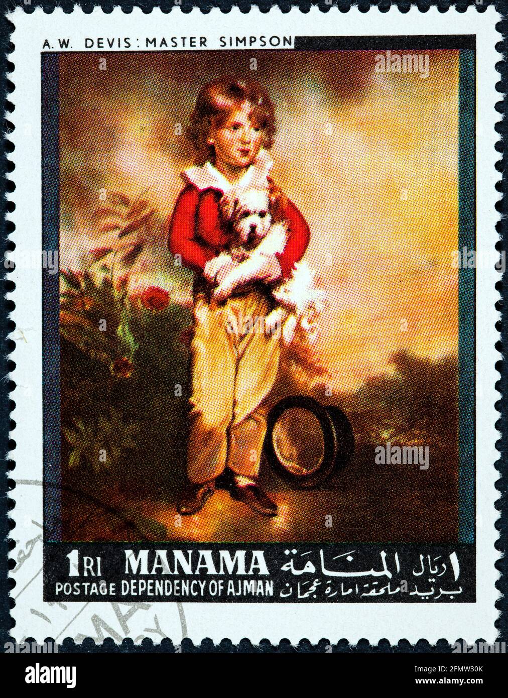 MANAMA - CIRCA 1968: A stamp printed in Manama shows Painting Master ...