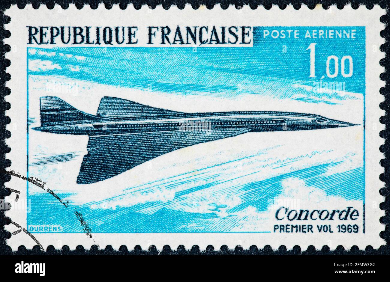 FRANCE - CIRCA 1969: A stamp printed in France shows First flight of ...