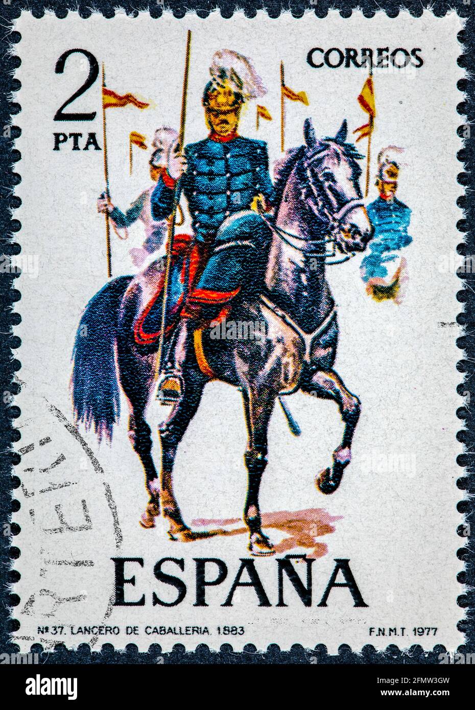 SPAIN - CIRCA 1977: A stamp printed in Spain shows Cavalry Lancer 1883 ...